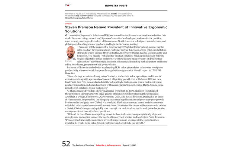 STEVEN BRAMSON NAMED PRESIDENT OF INNOVATIVE ERGONOMIC SOLUTIONS - HAT ...